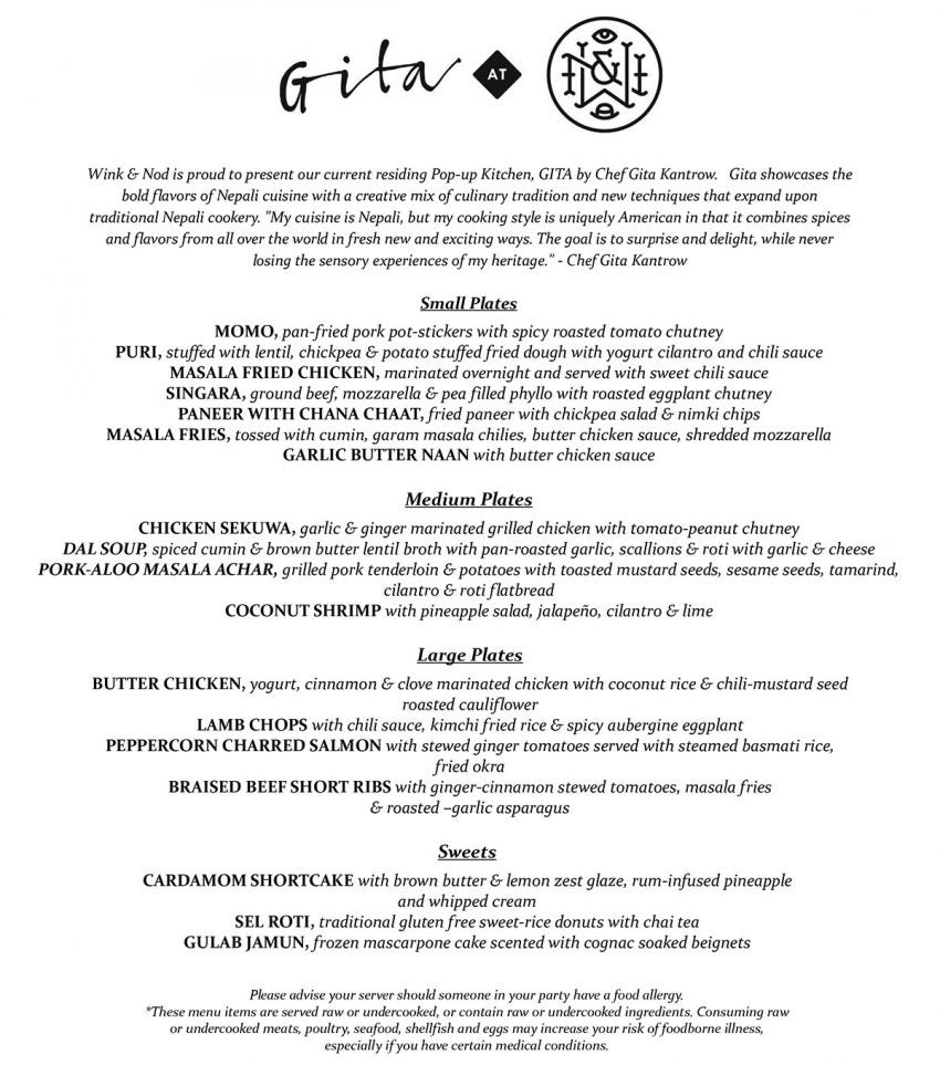 Here's Your First Look at the Gita at Wink & Nod Menu - Boston Magazine
